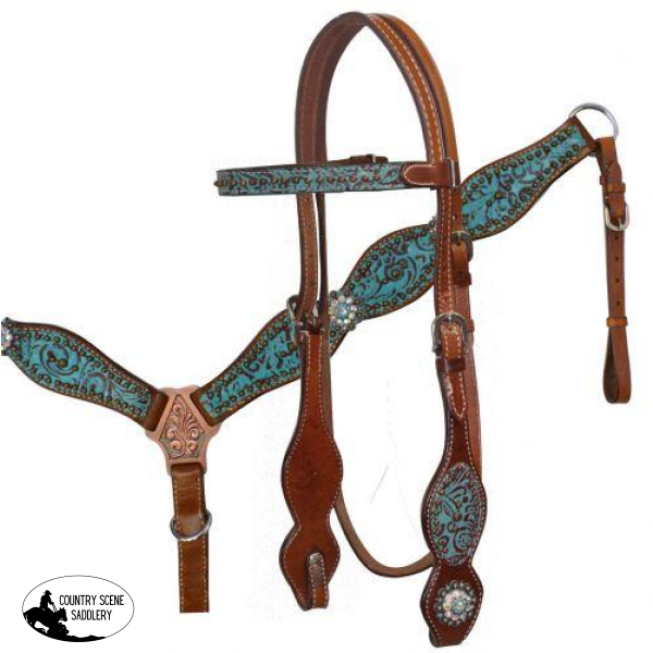 Showman ® Headstall and Breast Collar Set with Teal and Brown Filigree ...